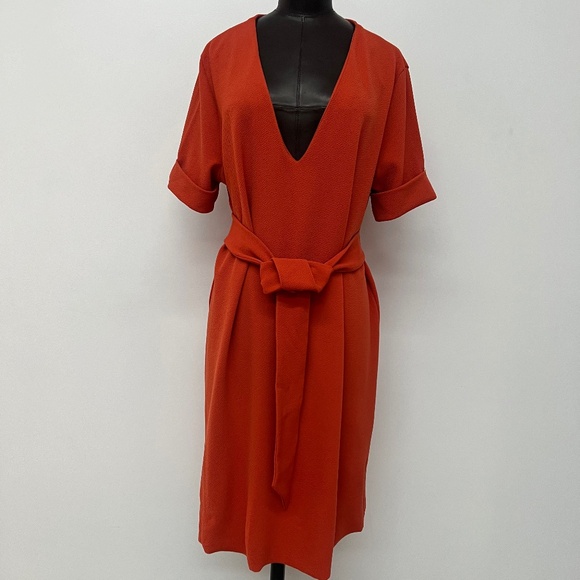 Dresses | Burnt Orange Belted Shift Dress Deep Vneck Short Sleeve ...